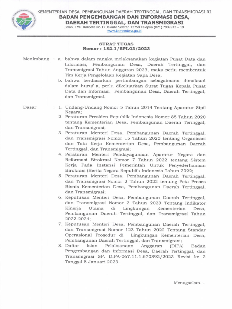 Surat Tugas Tim Sapa Desa | PDF