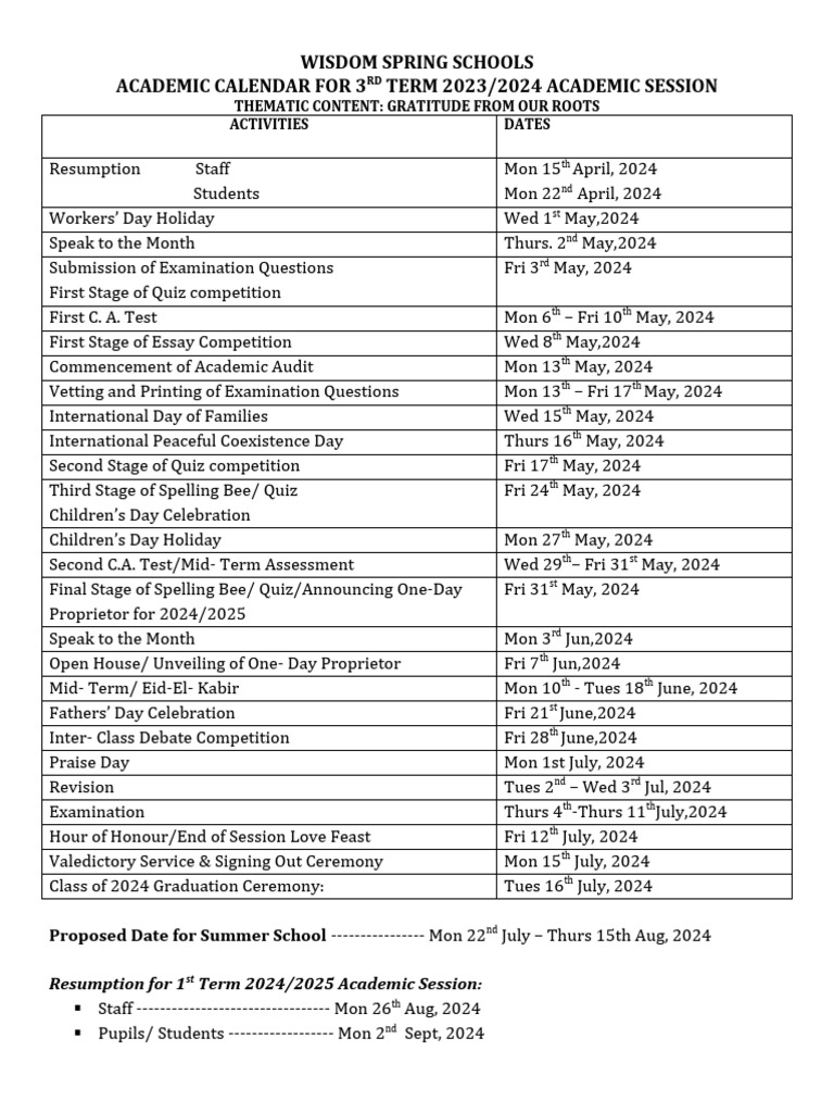2023/2024 Third Term Academic Calendar | PDF