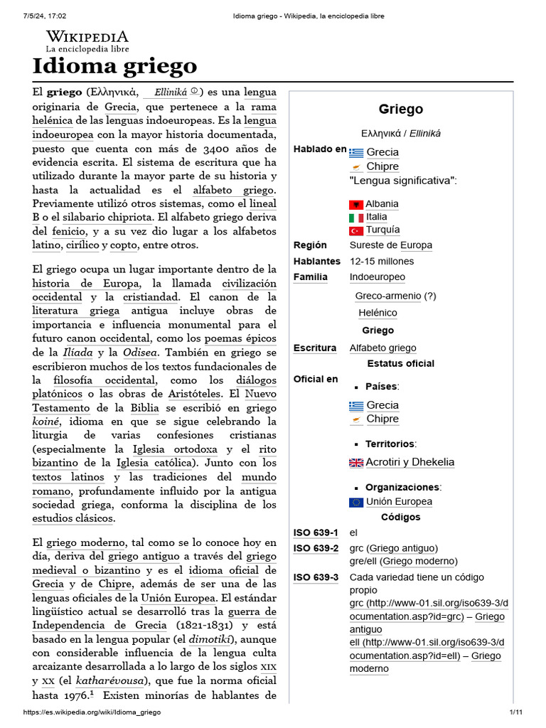 Idioma Griego - Wikipedia, La Enciclopedia Libre | PDF | Lengua griega ...