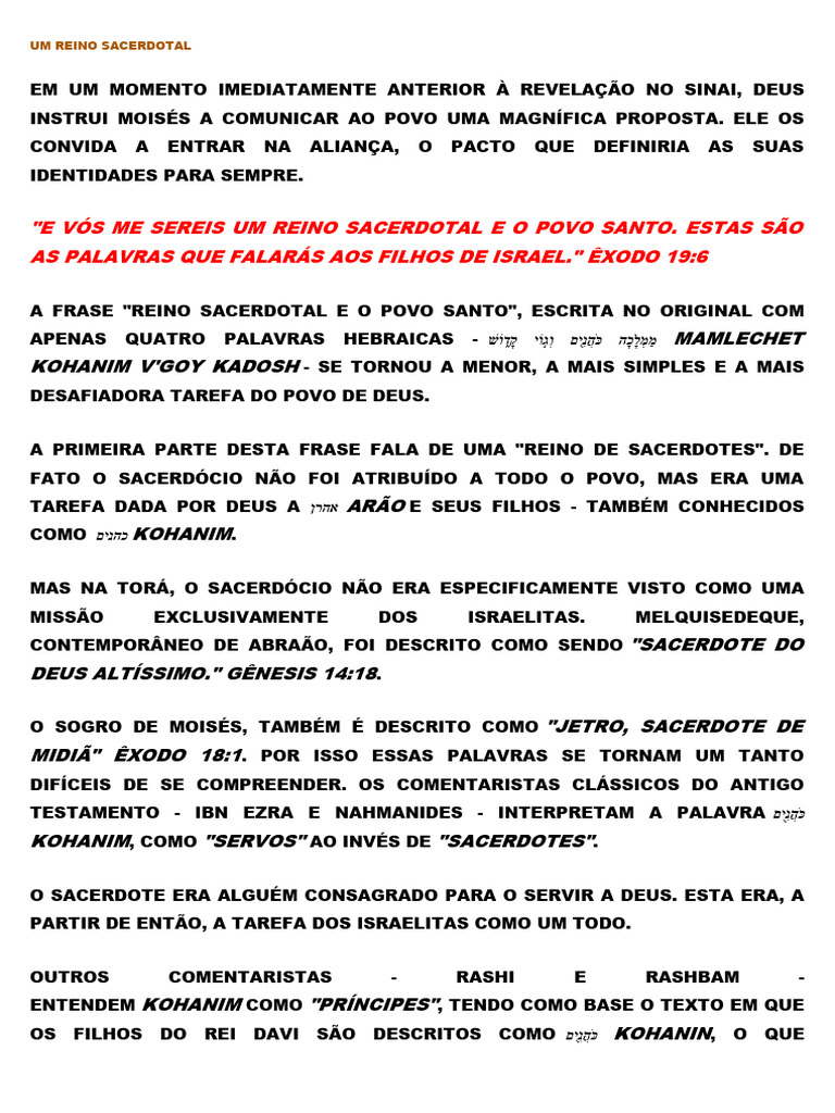 SERMÃO - UM REINO SACERDOTAL Uma Nação Santa | PDF | Livro do Êxodo ...