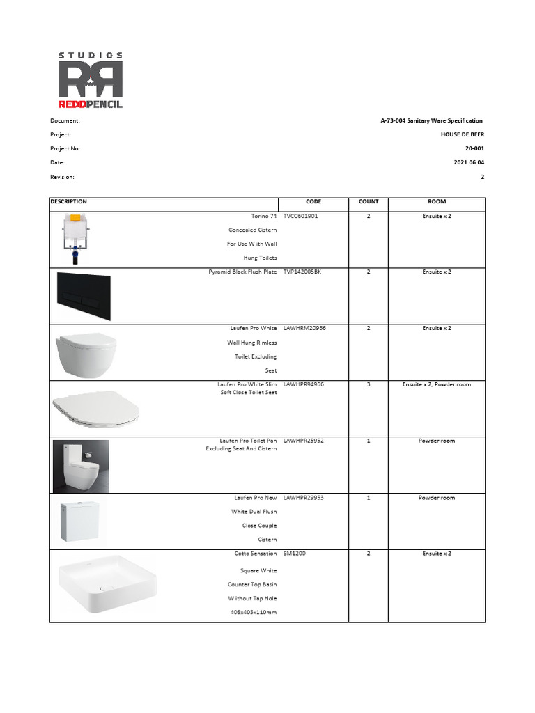 20-001-A-73-004 Sanitary Ware Specification | PDF | Bathroom | Public ...