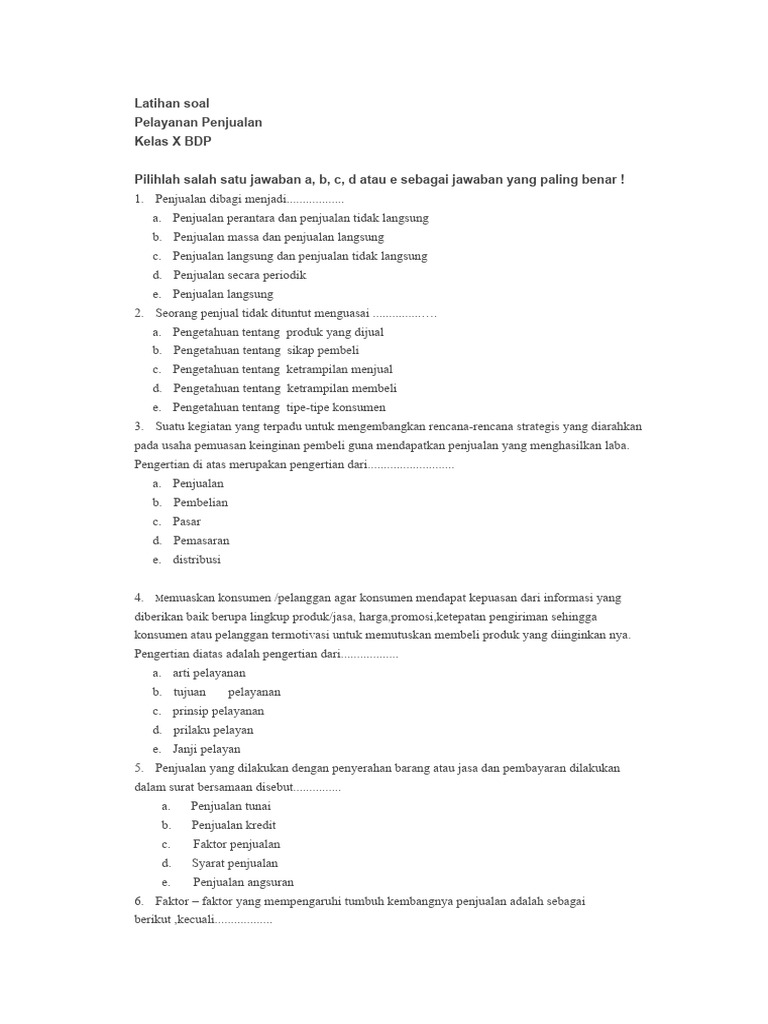 Latihan Soal Pelayanan Penjualan X BDP | PDF