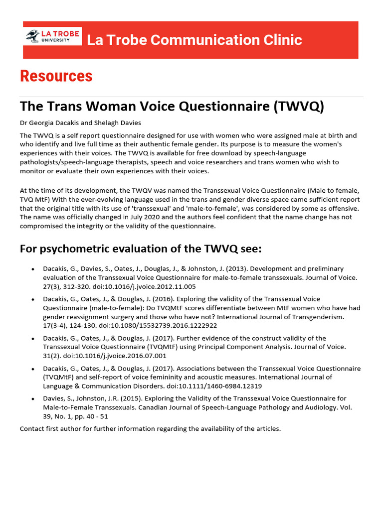 Trans Woman Voice Questionnaire Overview | PDF | Transgender | LGBTQIA+ ...