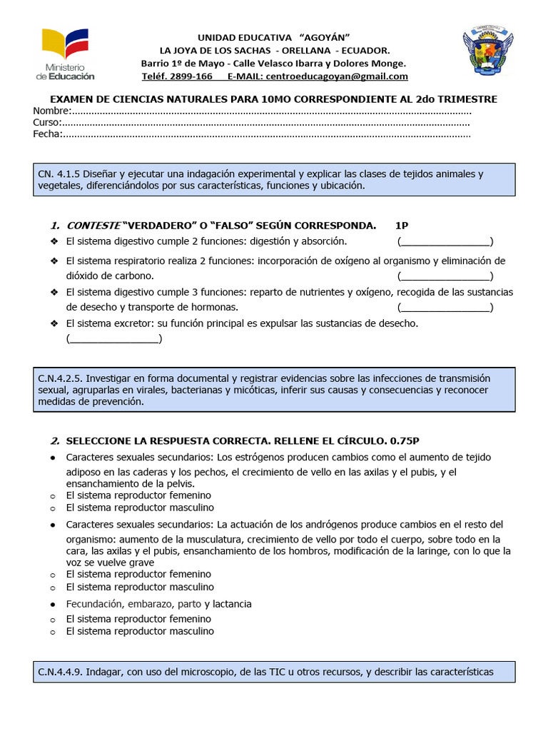EXAMEN_CCNN_10mo TRI 2 | PDF | Glóbulo rojo | Sangre