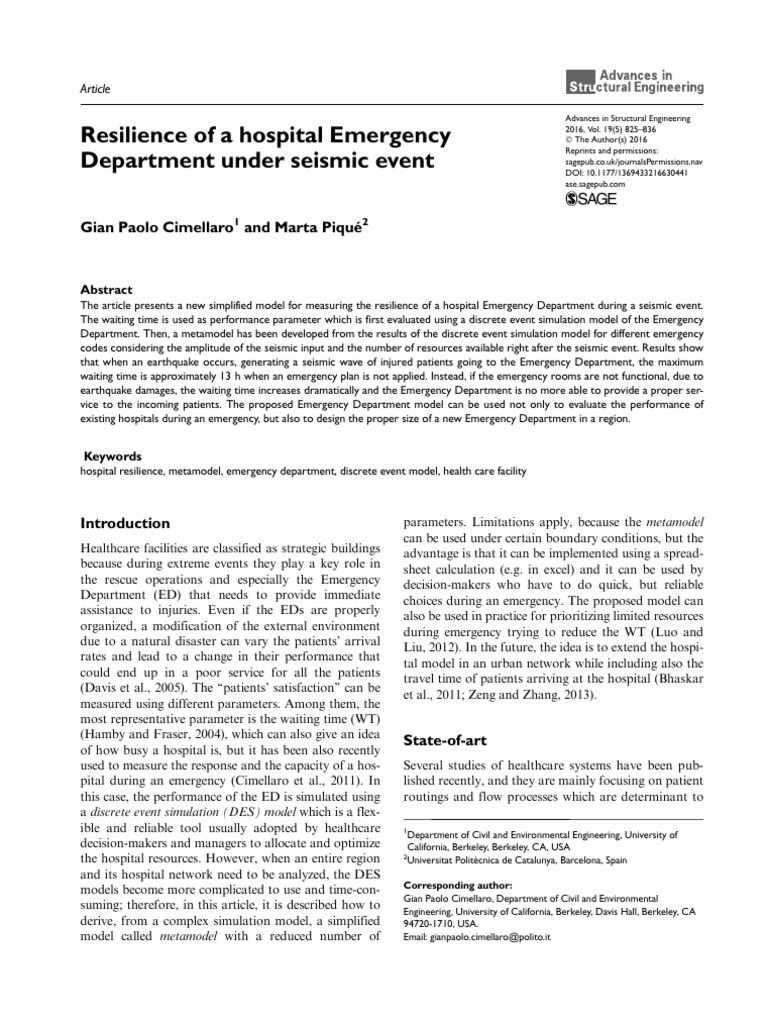 Hospital ED Resilience Model for Earthquakes | PDF | Emergency ...