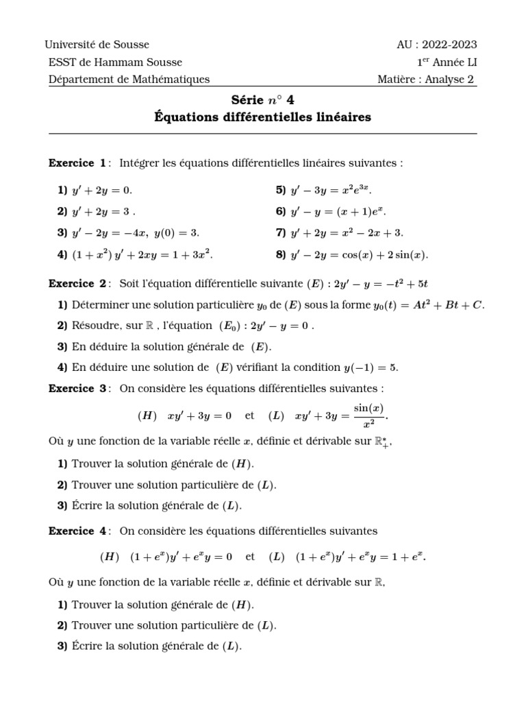 C-Série 4 Équations Diff TD Analyse 2 LI - 2022-2023-S2 | PDF | Équations | Fonction (Mathématiques)
