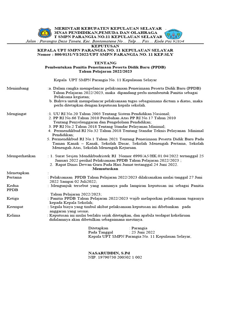 SK Panitia PPDB 2023-2024 | PDF