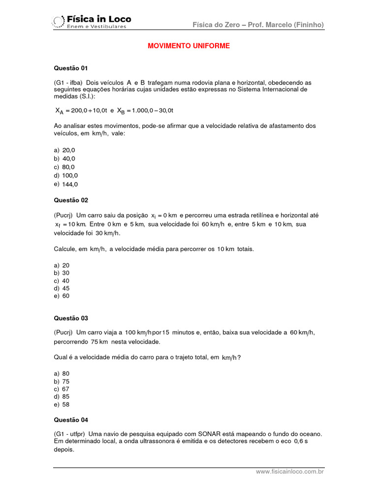 Movimento Uniforme (Lista de Exercícios) | PDF | Velocidade | Tempo