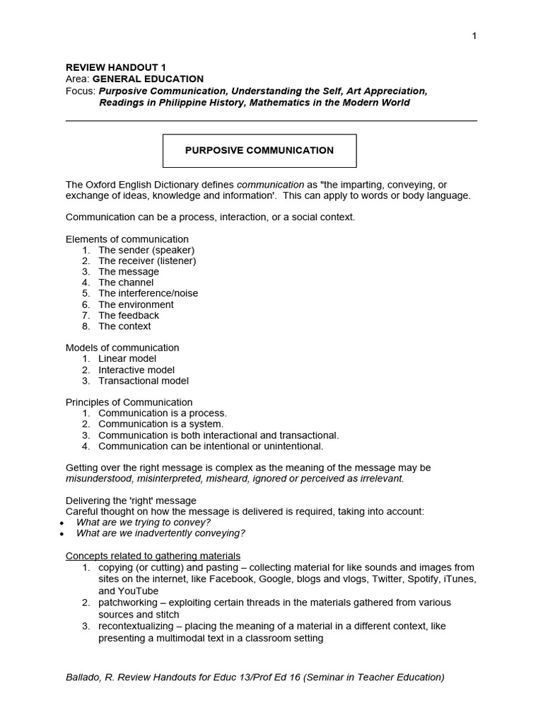 Gen Ed Review Handout 1 | PDF | Communication | Metacognition