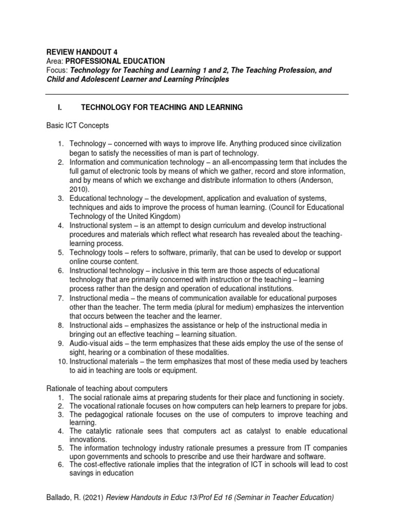 Prof Ed Review Handout 4 | PDF | Educational Technology | Teachers