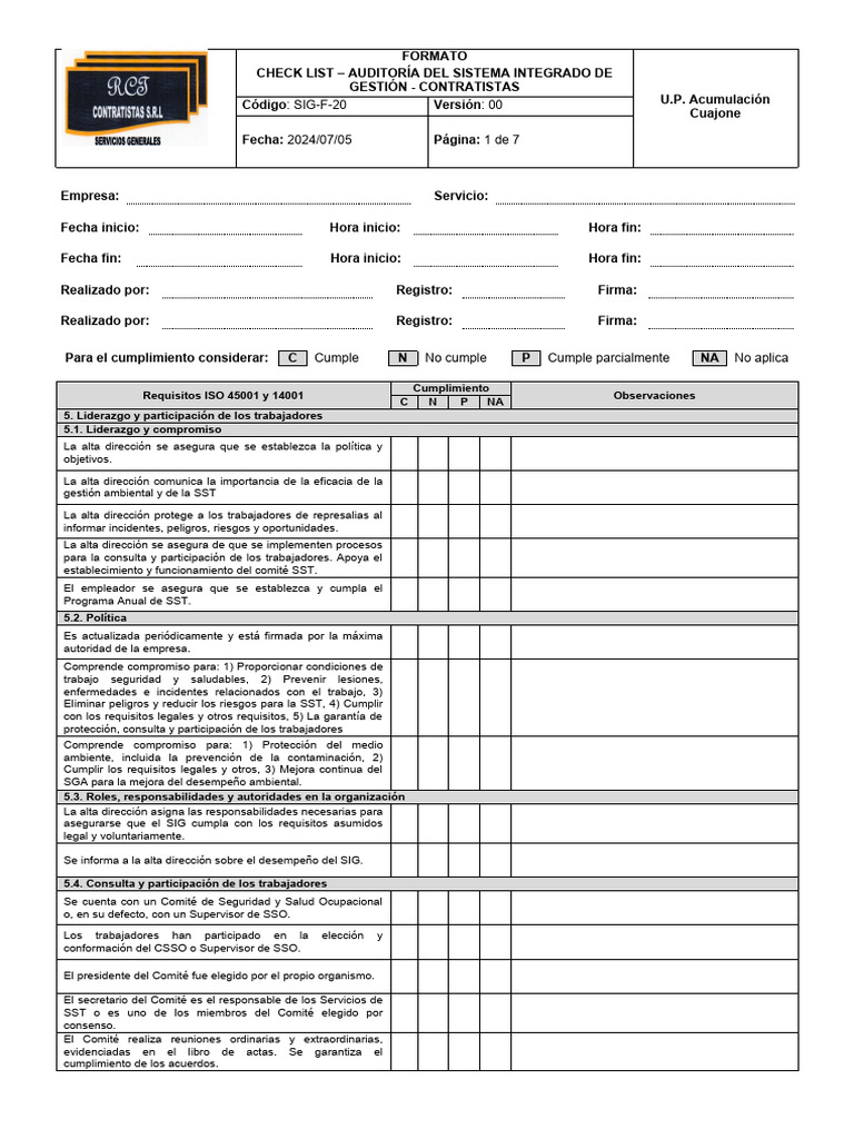 Auditoría del Sistema de Gestión ISO 45001 y 14001 | PDF | Auditoría ...
