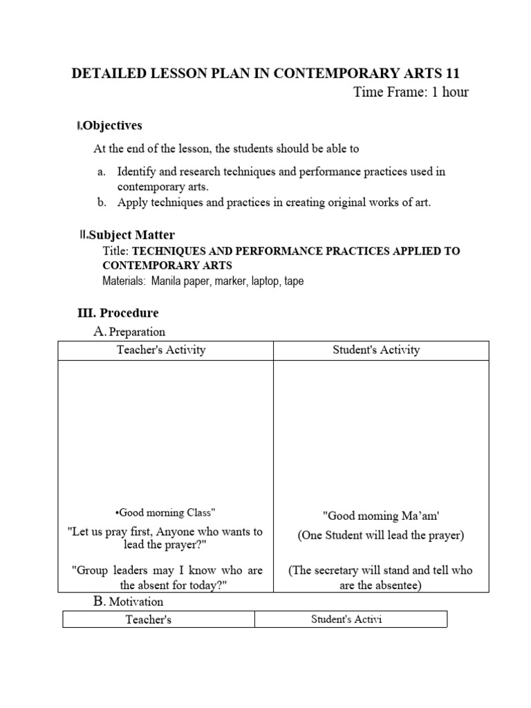 Time Frame: 1 Hour: Detailed Lesson Plan in Contemporary Arts 11 | PDF ...