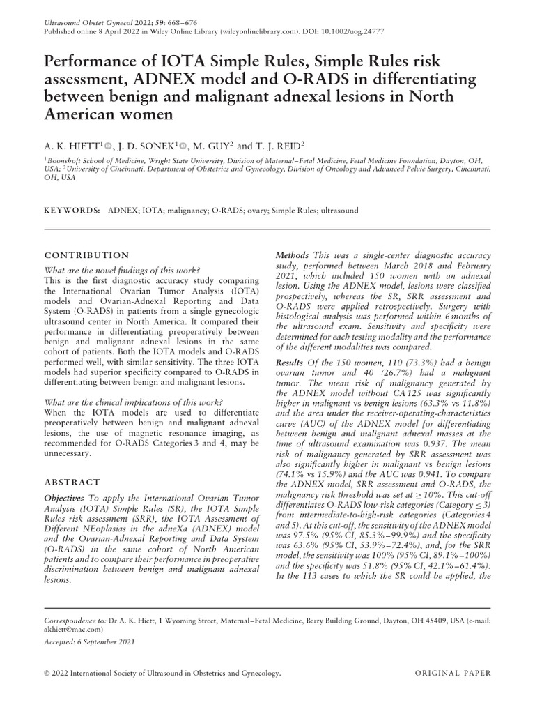 IOTA, ADNEX and ORADS | PDF | Medical Ultrasound | Ovarian Cancer