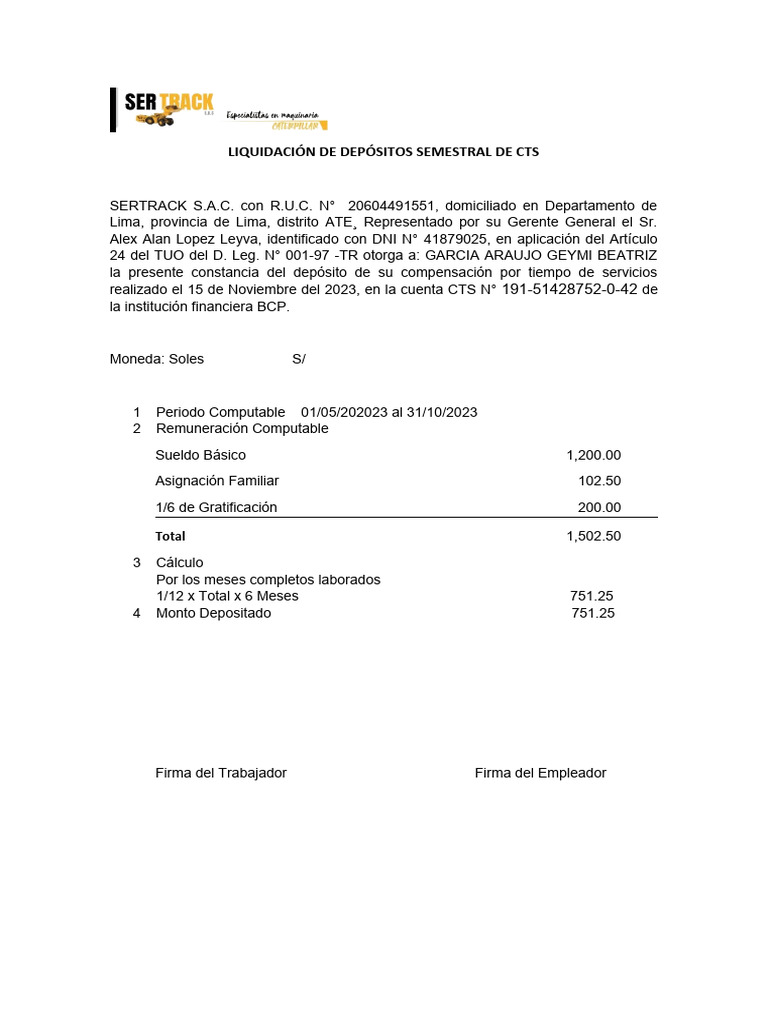Liquidación CTS Semestral Sertrack | PDF