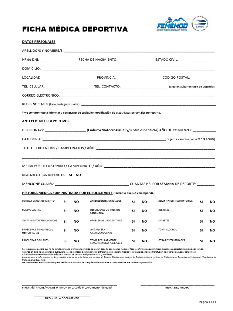 Ficha Medica Deportiva Fememod | Descargar gratis PDF | Medicina | Enfermedades y trastornos