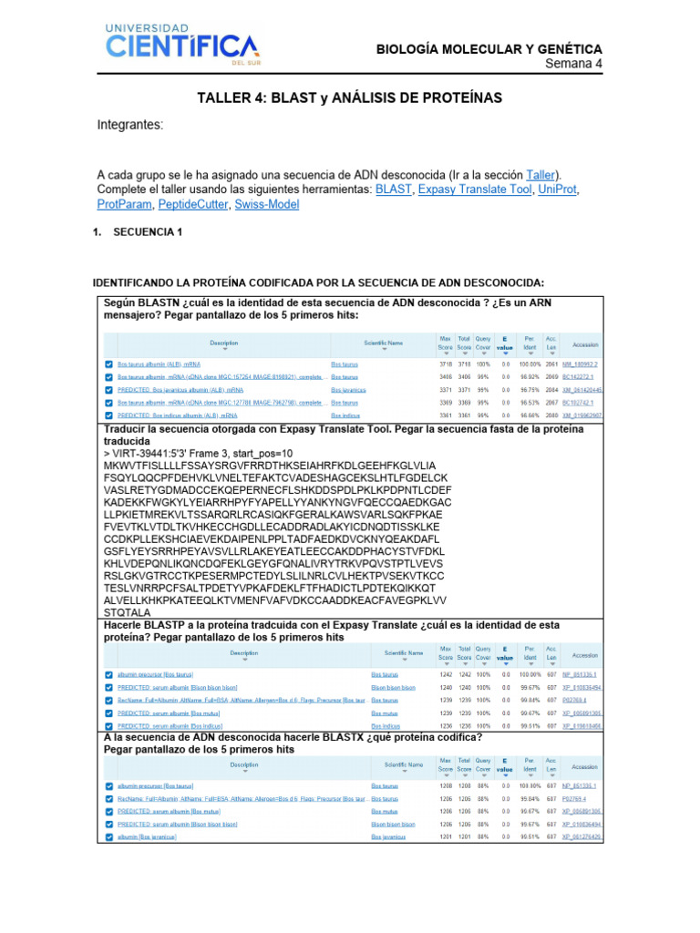 Taller 4 - Blast y Proteinas (Translate, Protparam, Peptidecutter ...