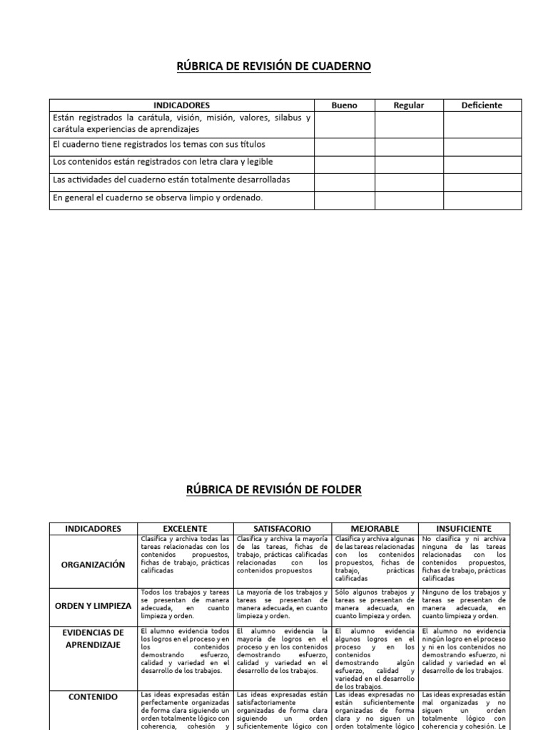 Rubrica de Revision de Cuaderno y Folder | PDF | Cognición | Aprendizaje