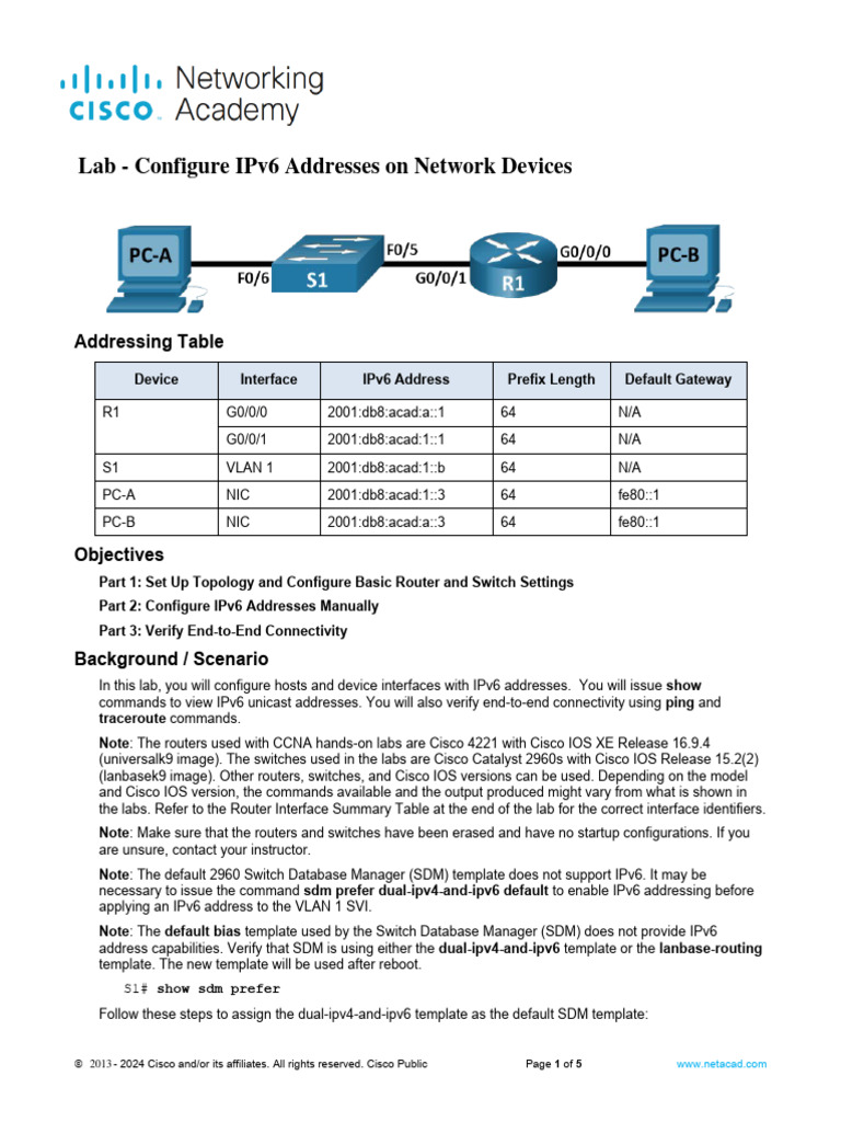 12.9.2 Lab - Configure IPv6 Addresses On Network Devices | PDF | I Pv6 | Telecommunications