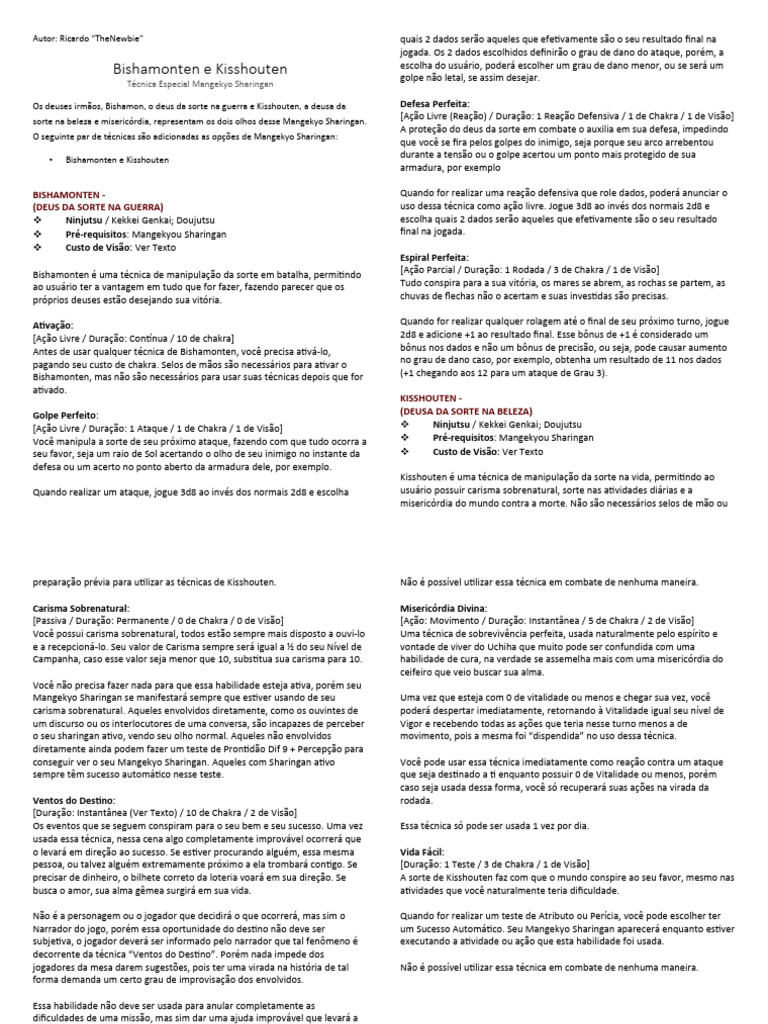 Técnicas Mangekyo Sharingan: Bishamonten e Kisshouten | PDF