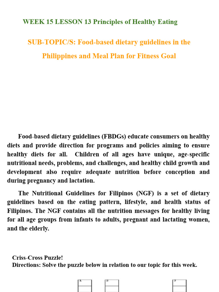 WEEK 15 LESSON 13 Principles of Healthy Eating | PDF | Food Energy ...