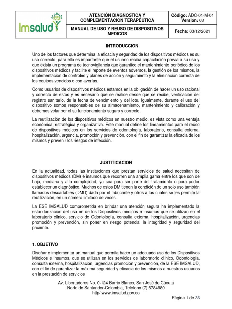 ADC 01 M 01 MANUAL DE USO Y REUSO v3 | PDF | Dispositivo médico | Hospital