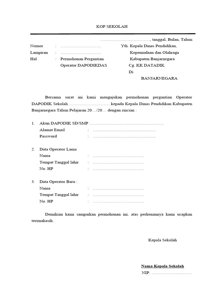 Form Surat Pengajuan Pergantian Operator Dapodik Sekolah | PDF