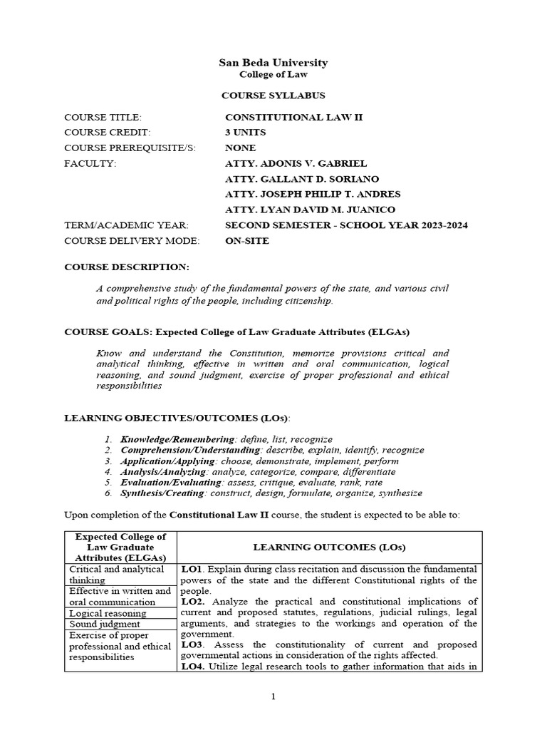 Constitutional Law II Syllabus SY 2023 24 | PDF | Search Warrant | Due ... Constitutional Law II Syllabus SY 2023 24 | PDF | Search Warrant | Due ...