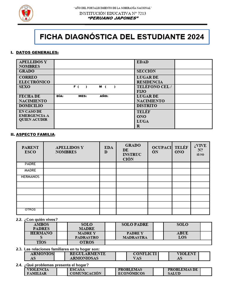 Ficha Diagnostica Del Estudiante 2024. | PDF