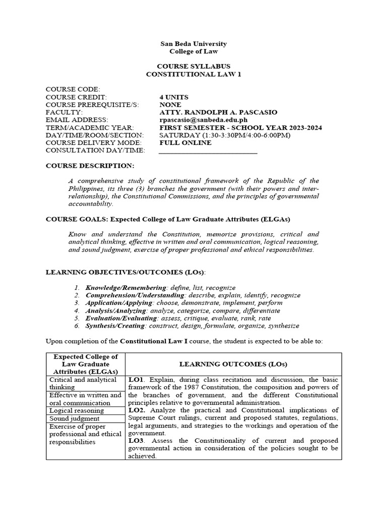 Constitutional Law 1 Syllabus - San Beda | PDF | Thought | Supreme ...