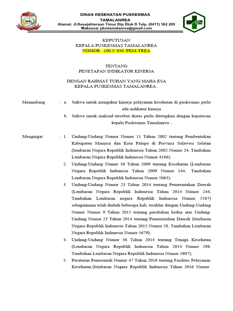 Indikator Kinerja Puskesmas Tamalanrea | PDF