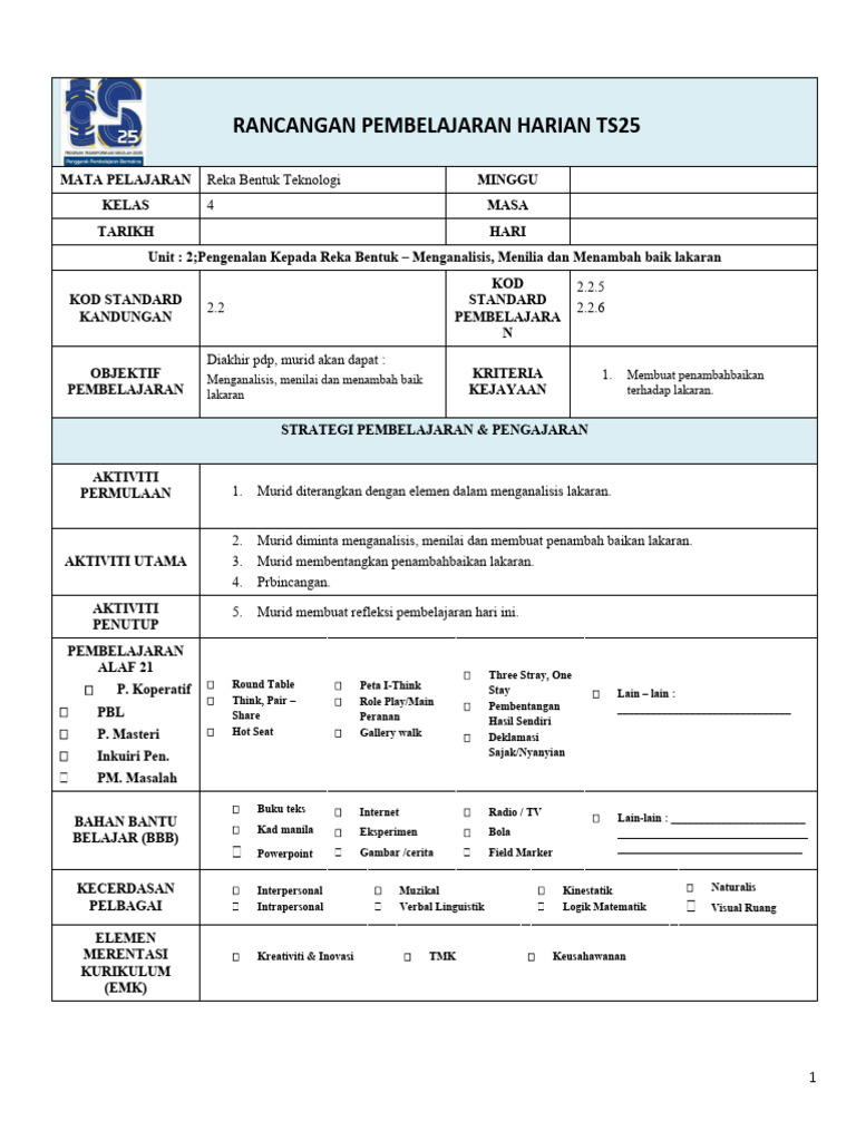 RPH RBT Tahun 4 Unit 2 Pengenalan Kepada Reka Bentuk 2.2.5 Menilai Dan ...