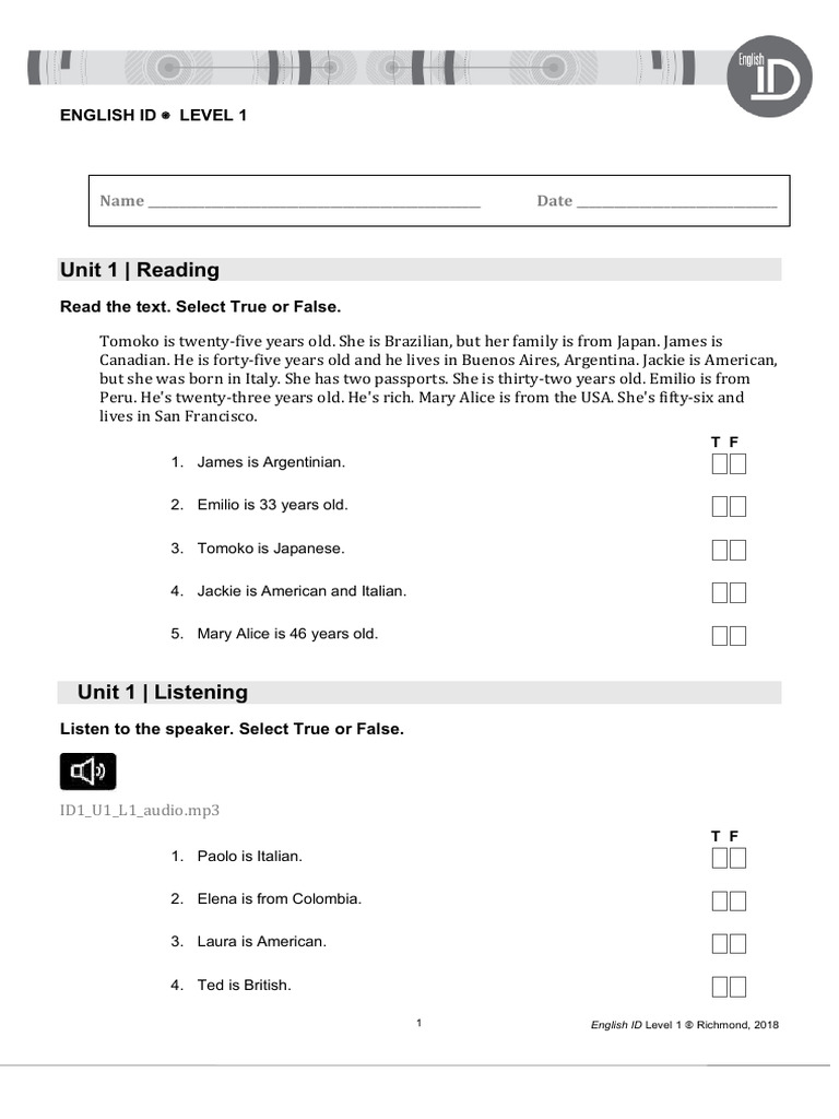 Eng ID1Unit1Students | PDF | English Language | Linguistic Typology