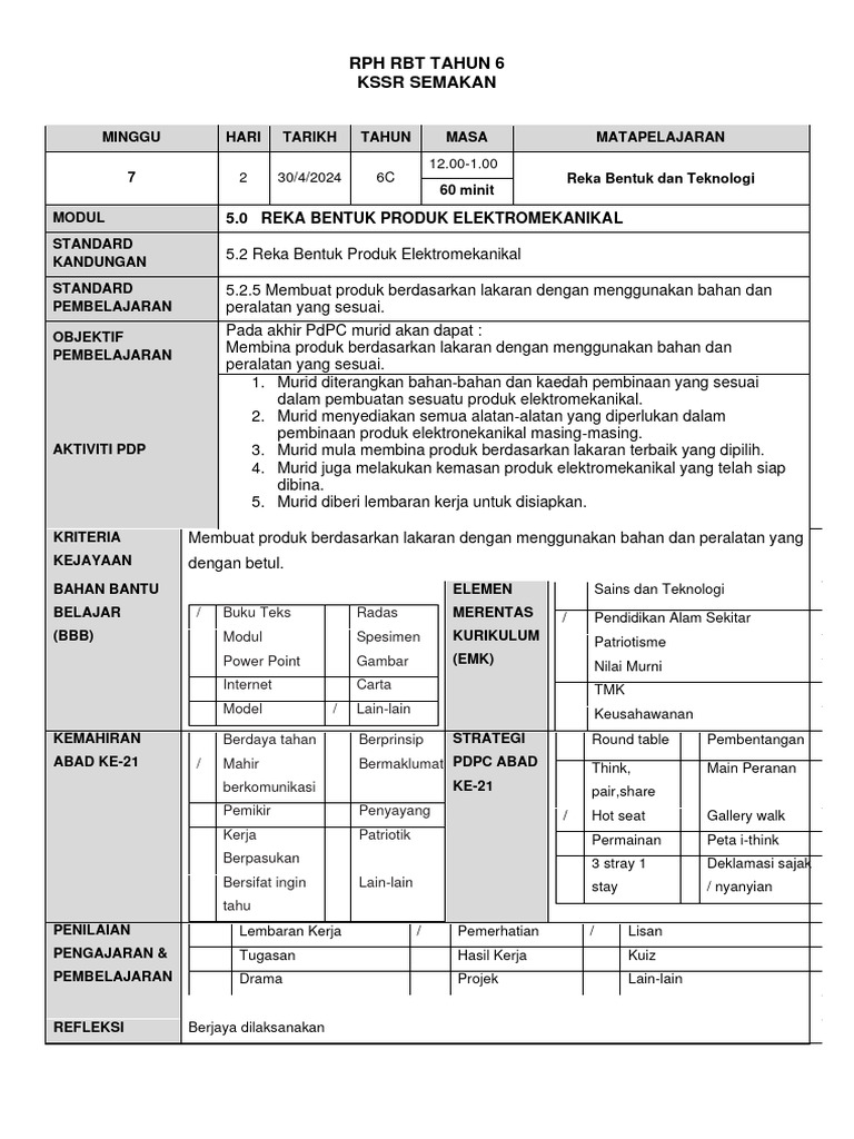 5.0 Reka Bentuk Produk Elektromekanikal: RPH RBT Tahun 6 KSSR Semakan | PDF