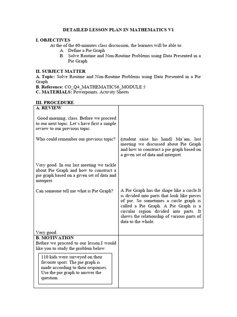 Detailed Lesson Plan in Mathematics V1 | PDF | Pie Chart | Chart