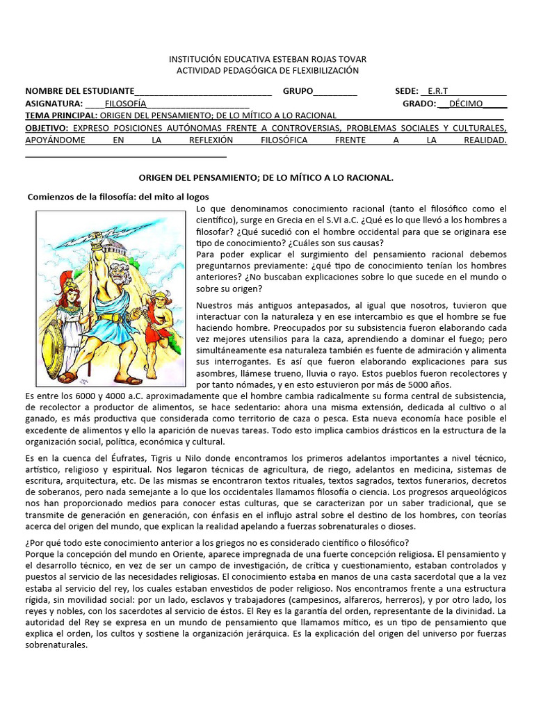 Taller-filosofía-Paso Del Mito Al Logos | PDF | Conocimiento | Pensamiento