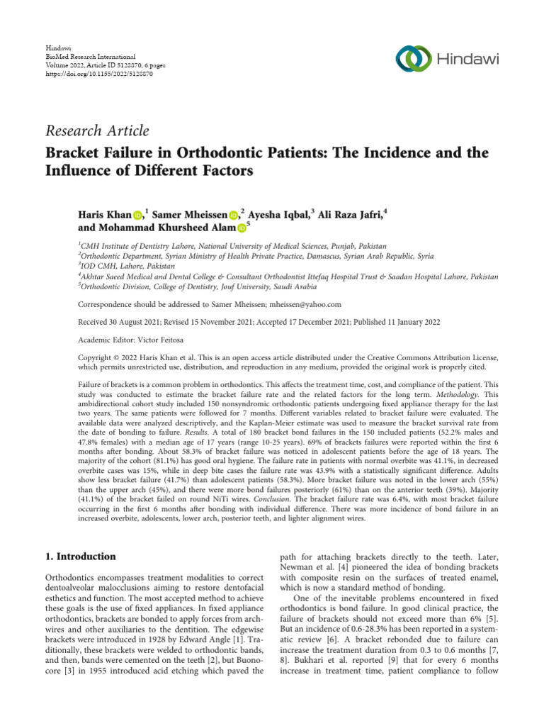 Bracket Failure in Orthodontic Patients The Incidence and The Influence ...