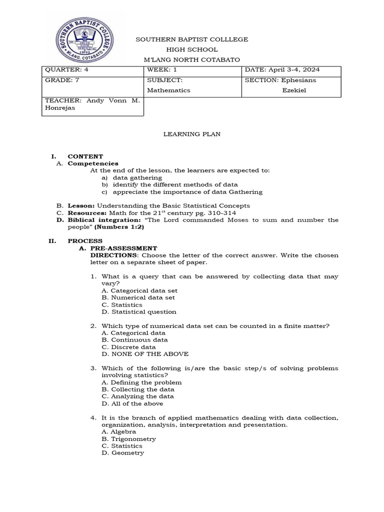 4th Quarter Lesson Plan DATA GATHERING | PDF | Statistics | Data