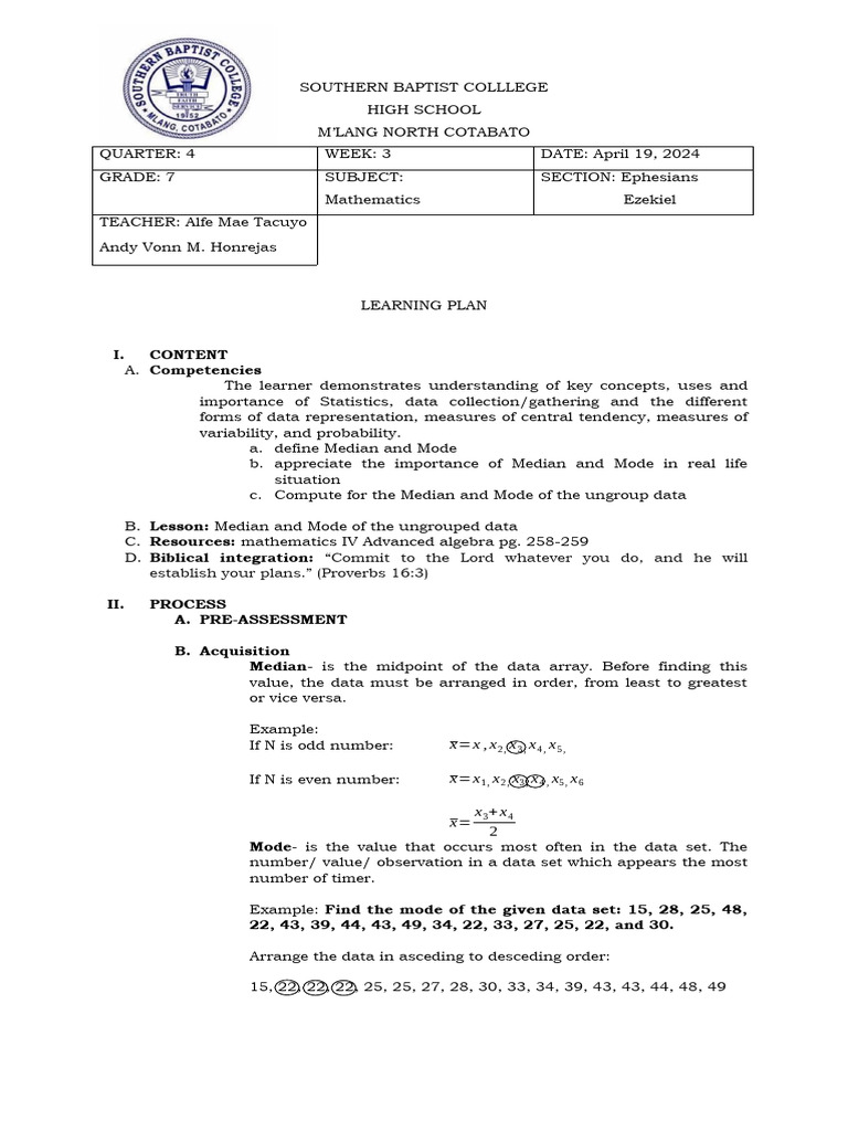 4th Quarter Lesson Plan Median and Mode of The Ungrouped Data 2 | PDF ...