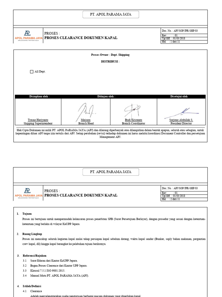 APJ - SOP.JPR-SHP.01 Clearance Kapal | PDF