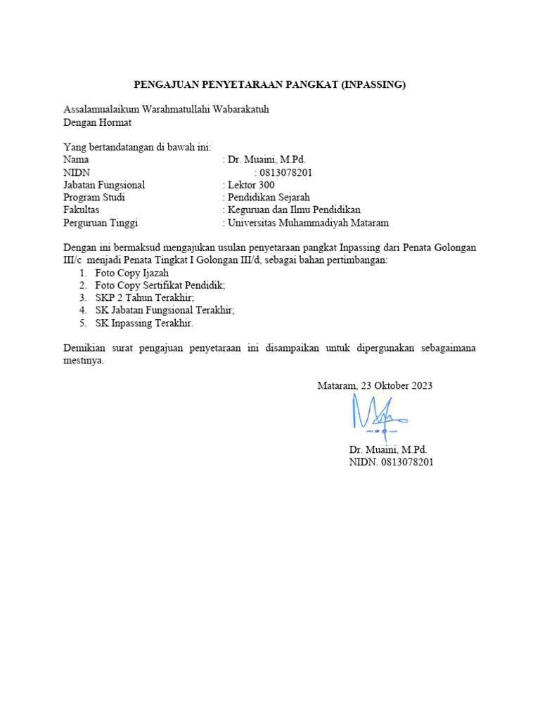 Pengajuan Inpassing Dr. Muaini | PDF