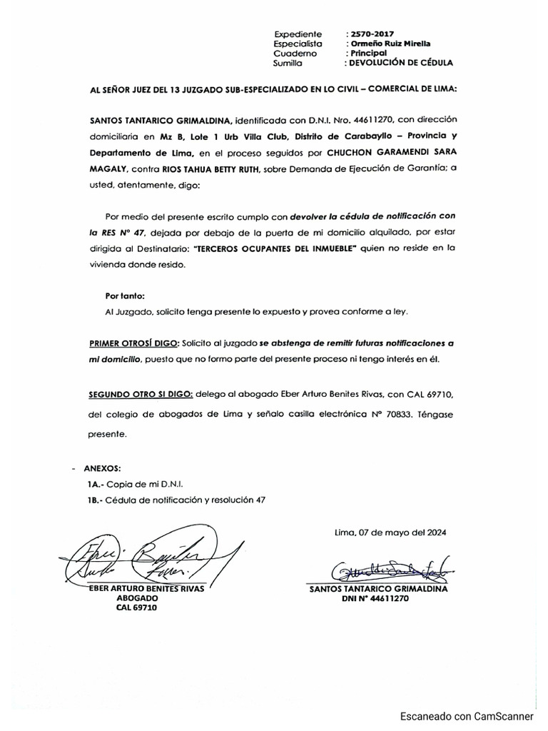 Devolución de Cedula . | PDF