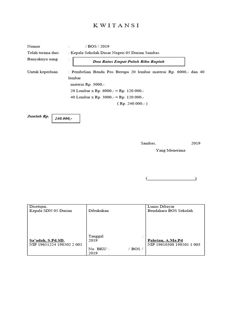Kwitansi: Dua Ratus Empat Puluh Ribu Rupiah | PDF