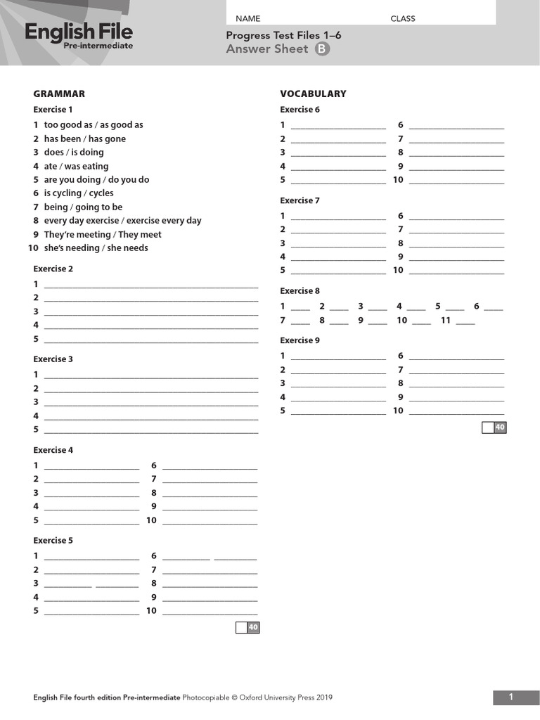 EF4e Pre-Int Progress Test 1-6B Answer Sheet | PDF | Human ...
