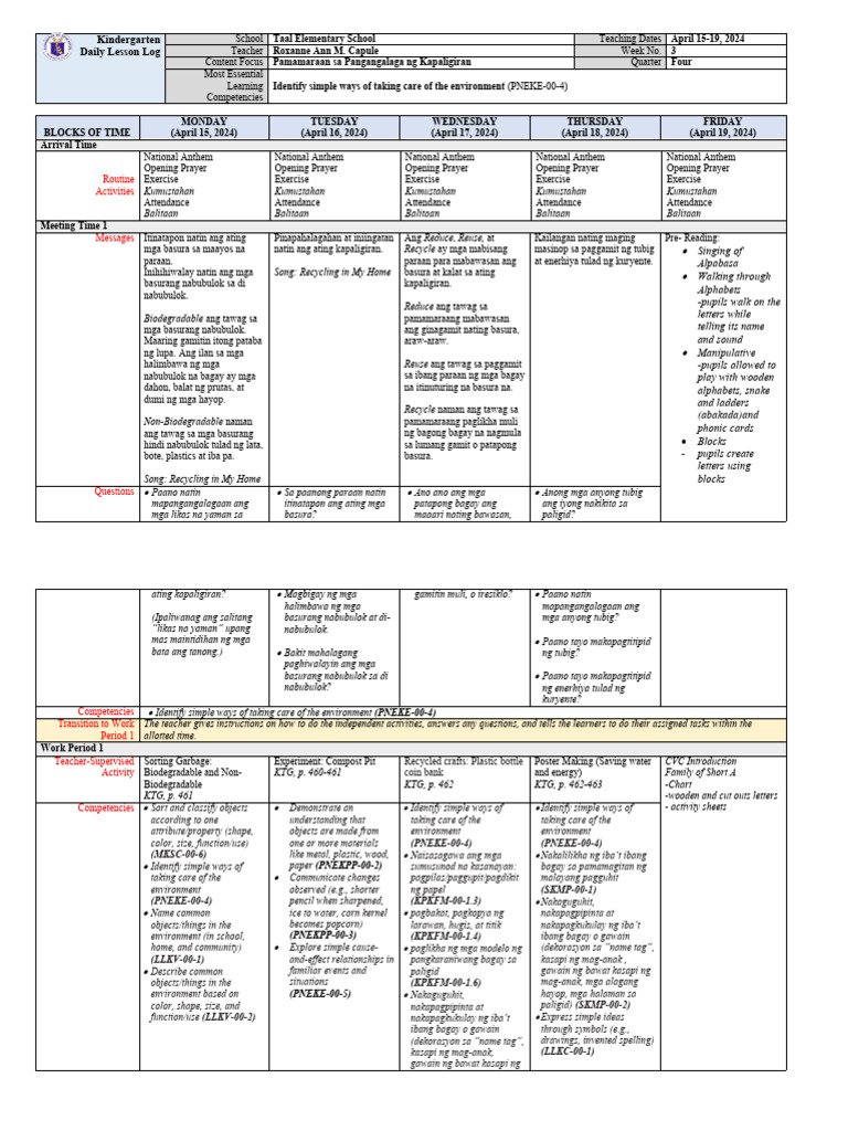 Kindergarten DLL MELC Q4 Week 3 | PDF