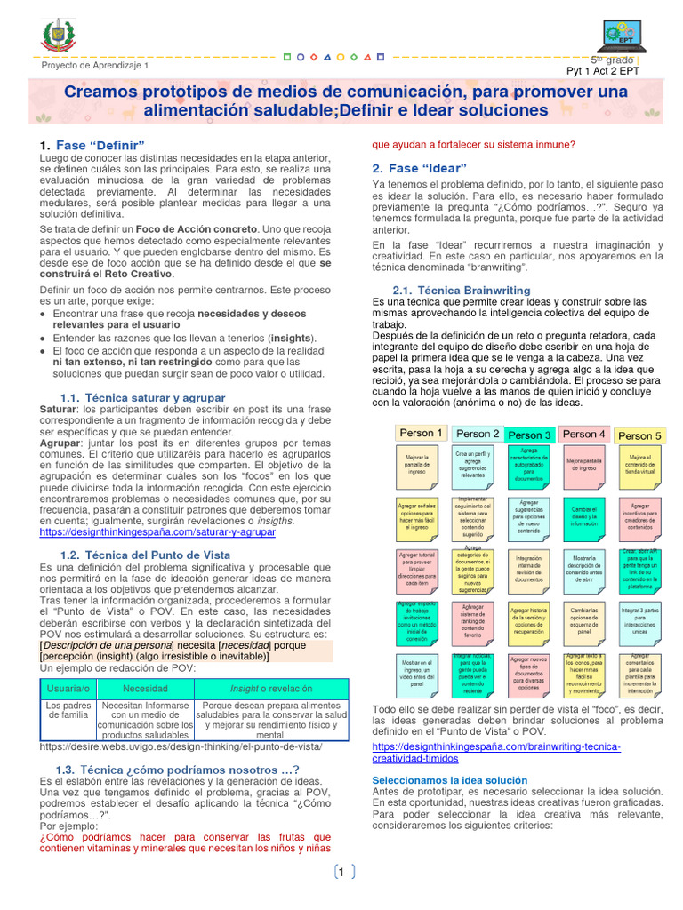 EPT 5 Proy1 Act02 Definir e Idear Alimentacion 2024 | PDF | Evaluación ...