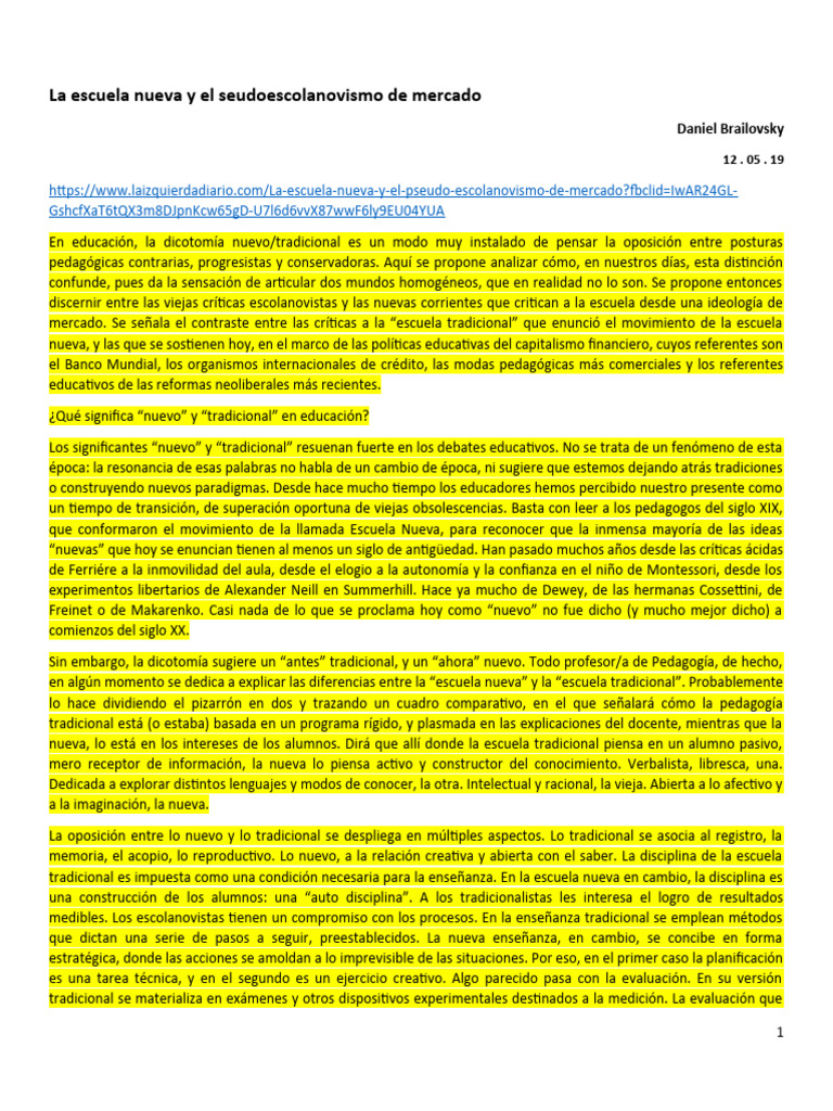 Brailovsky La Escuela Nueva y El Seudoescolanovismo de Mercado | PDF ...