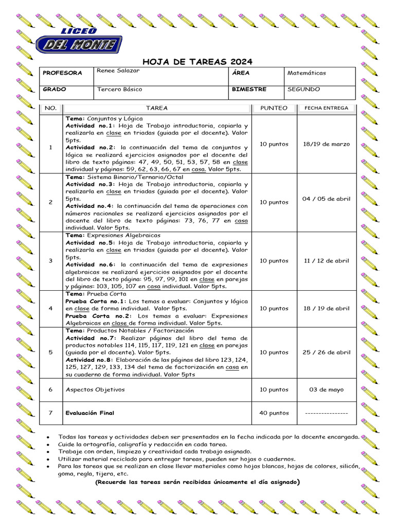 TERCERO BÁSICO Hojas de Tareas Bimestre II 2024 | PDF | Cuaderno