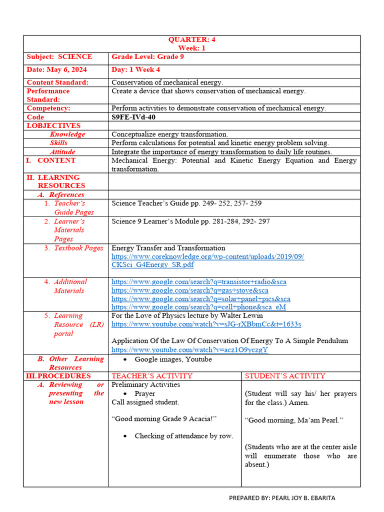 Lesson Plan | PDF | Potential Energy | Kinetic Energy