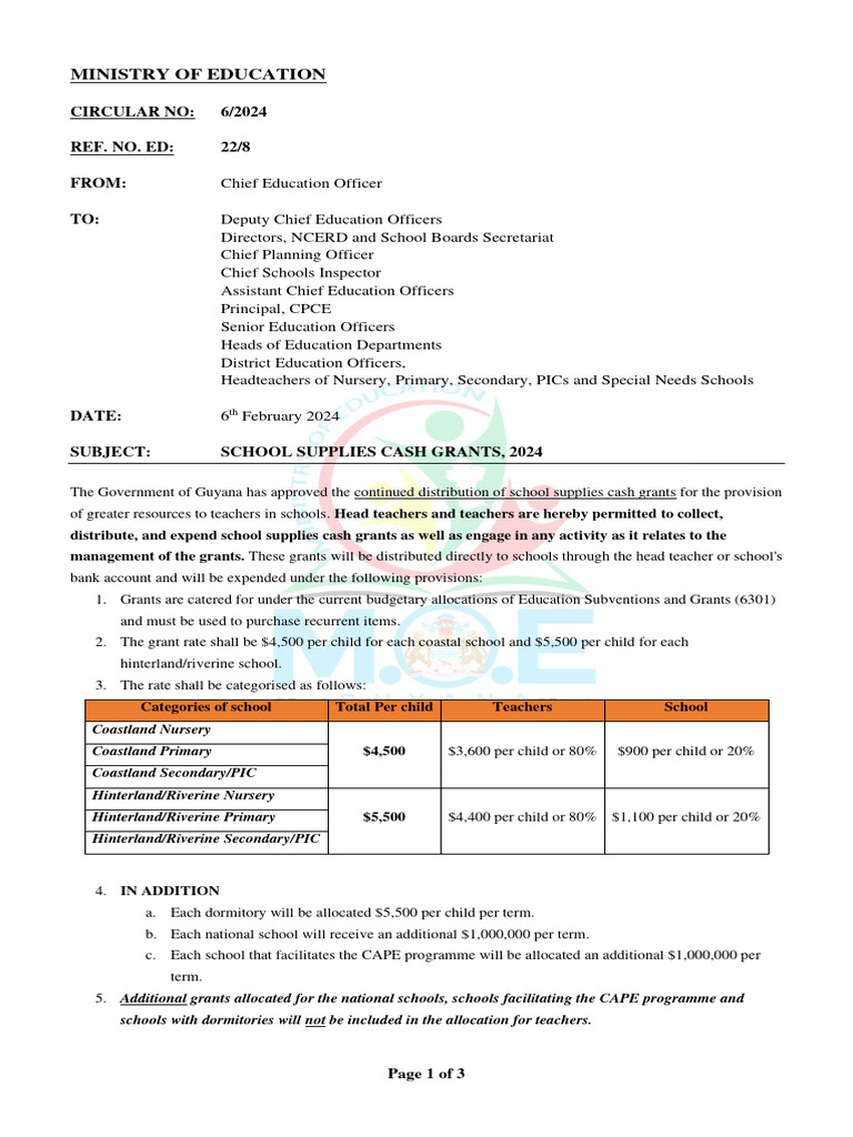 Circular 6 - School Supplies Grants 2024 Combined | Download Free PDF ...