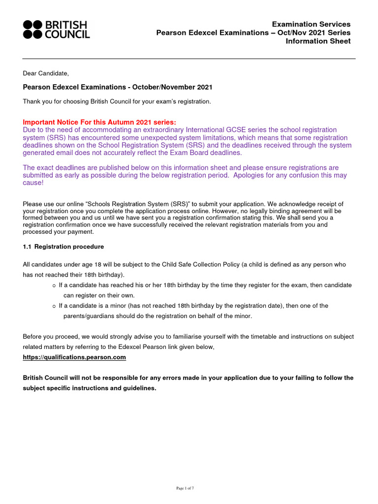 Pearson Edexcel - Information Sheet - Octnov 2021 Final | PDF
